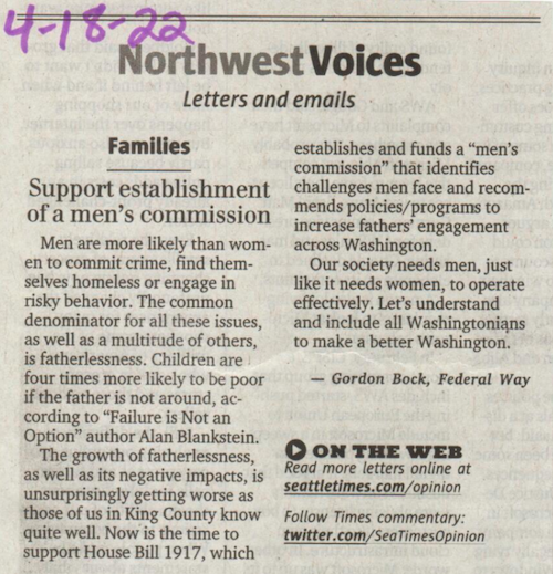 Fatherhood Expert Gordon Bock Gets Letter Published In Seattle Times